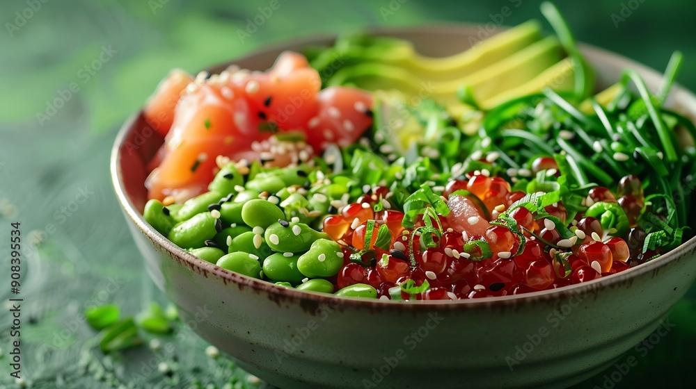 Side view of a vibrant poke bowl with tuna avocado and edamame Served ...