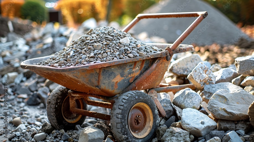 Sturdy wheelbarrow loaded with gravel ready for action next to a larger ...