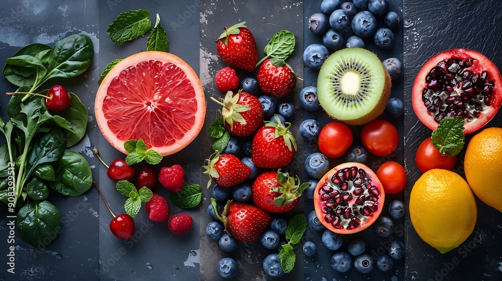 Variety of fresh raw organic fruits and vegetables Health foods high in ...