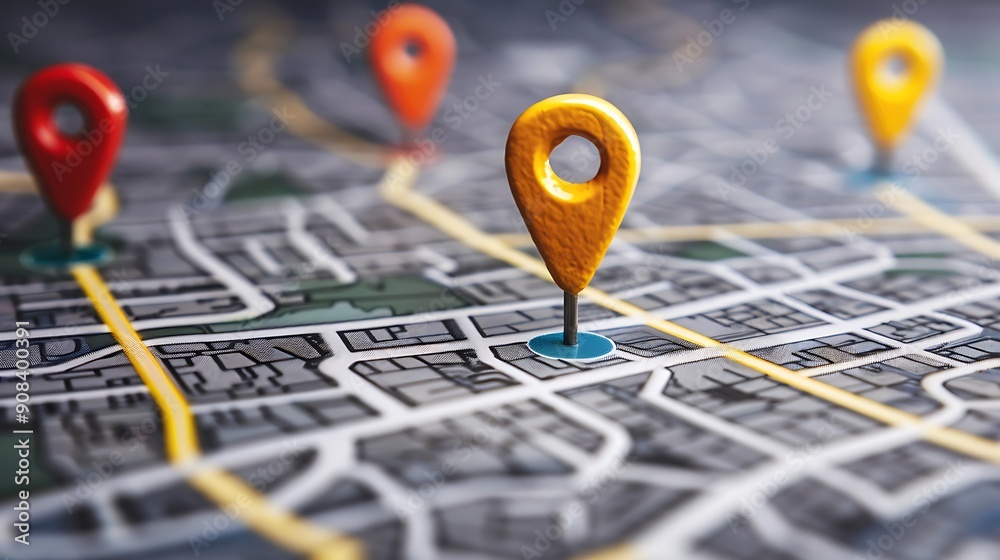 Close up of a map with multiple location pins indicating various points ...