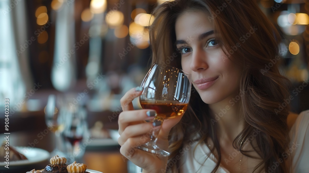 Vertical photo shoot woman drinking whisky and eating chocolate dessert ...