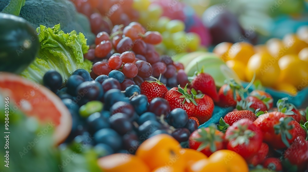 Variety of fresh raw organic fruits and vegetables Health foods high in ...
