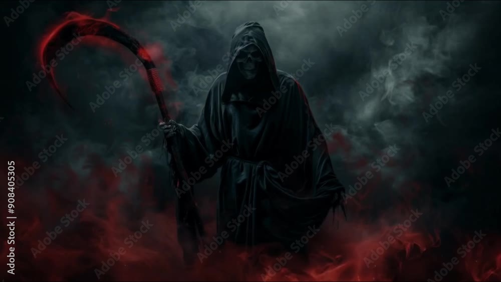 A cloaked figure, the Grim Reaper, stands in a dark, smoky atmosphere ...