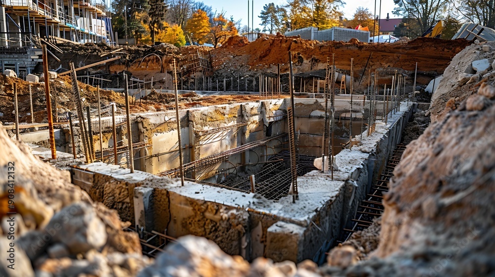 Construction site with concrete foundation and drainage system being ...