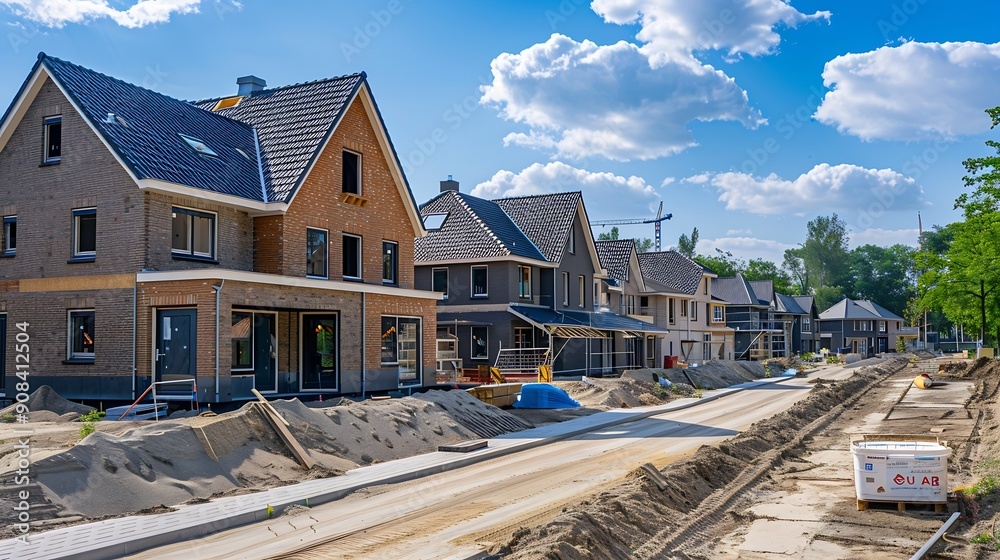 construction site of a new Dutch Suburban area with modern family ...