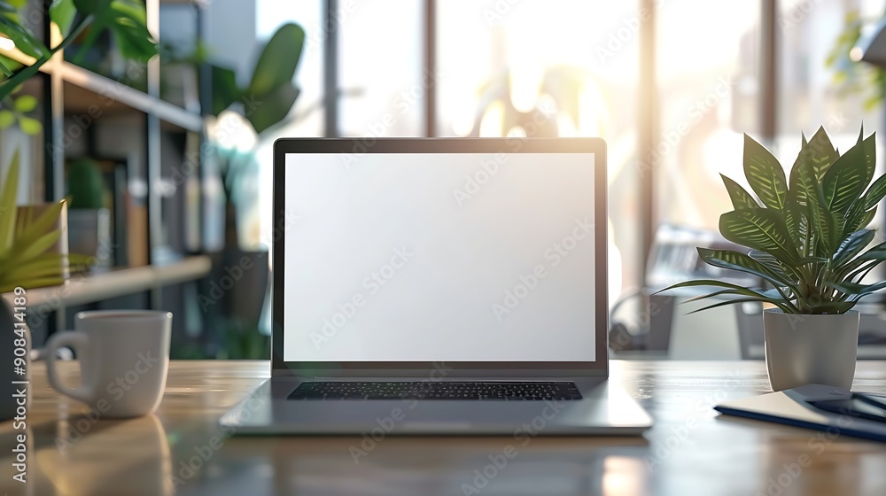 Laptop device mock up template design on office workplace desk white ...