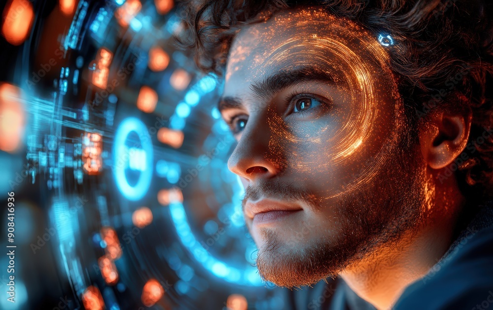 Man with a visionary expression, ultra-realistic portrait, holding a ...