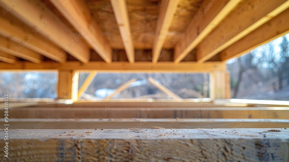 An under construction house has joist framework features plywood gutter holders soffit fascia ...