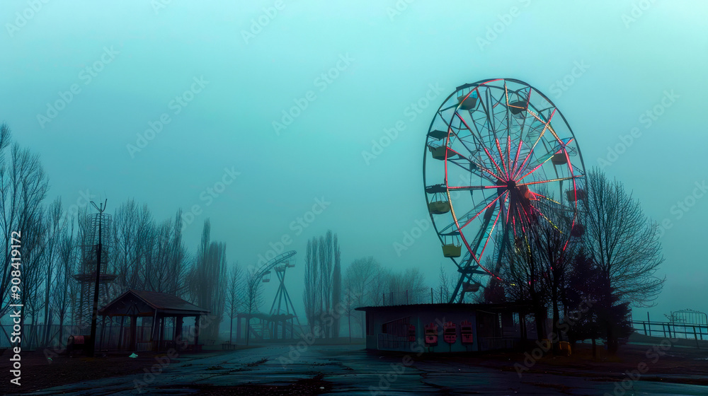 Abandoned Theme Park, haunting abandoned amusement park shrouded in mist rusted rides, post ...