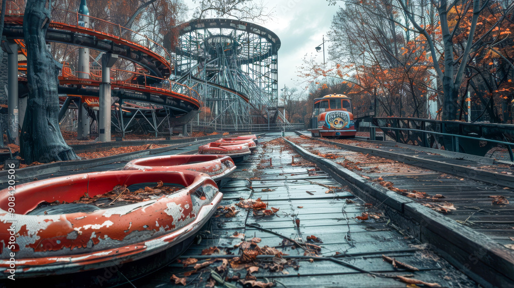 Abandoned Theme Park, haunting abandoned amusement park shrouded in mist rusted rides, post ...