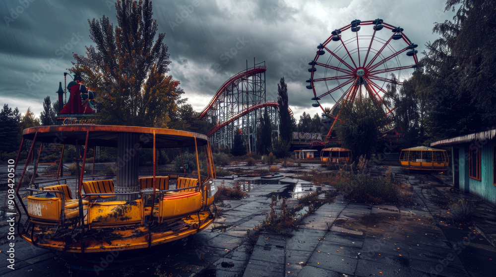 Foto de Abandoned Theme Park, haunting abandoned amusement park shrouded in mist rusted rides ...