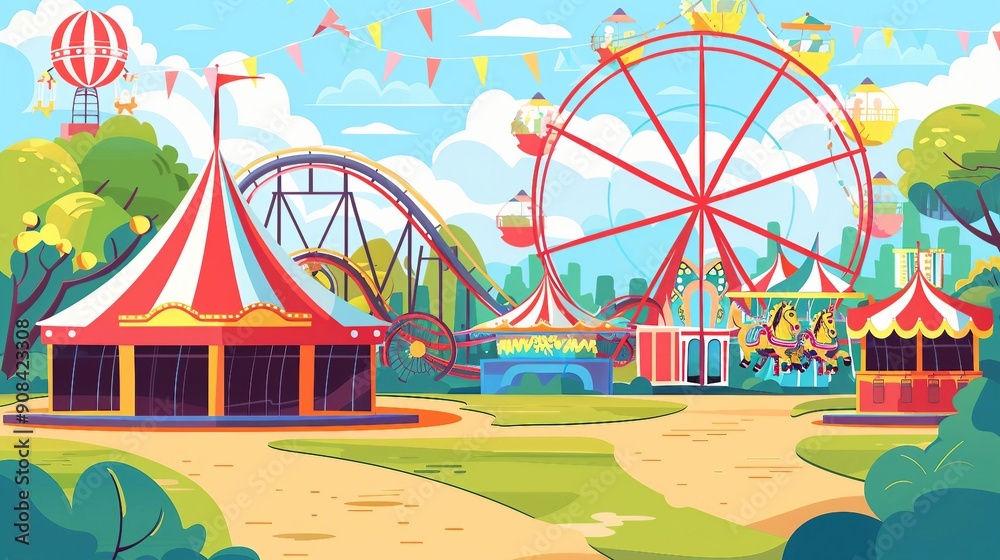 Fun-Filled Amusement Park Adventure - Colorful Flat Cartoon ...