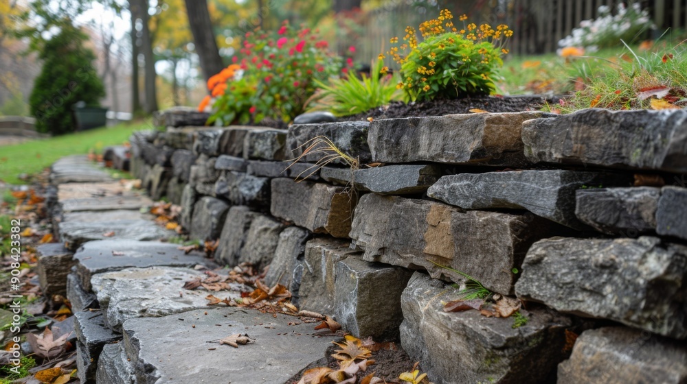 Structured stone retaining wall with stability and support Stock ...