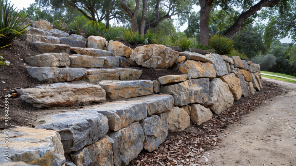 Structured stone retaining wall with stability and support Stock ...