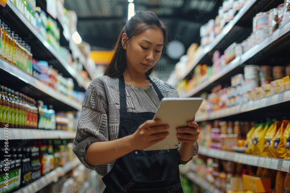 Female shop owner using a digital tablet to track orders and manage ...