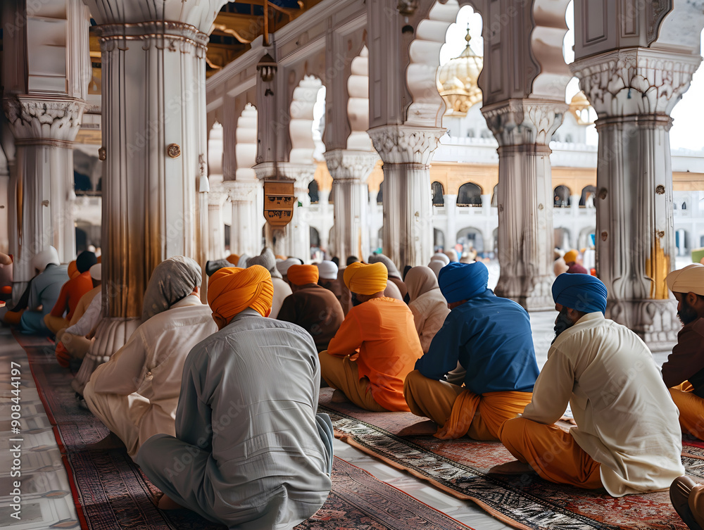 Sikh worshippers praying in the Golden Temple, wearing turbans and traditional attire, with ...