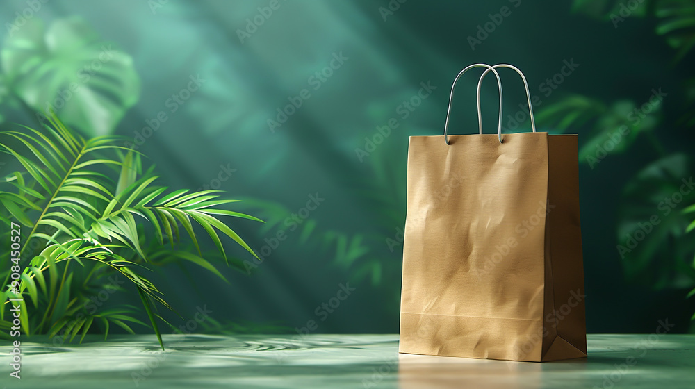 Paper shopping bag with eco-friendly design, front view, promoting ...
