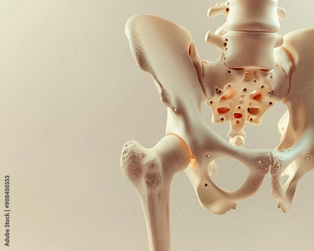 Close-up of a human pelvic bone with a soft, neutral background ...