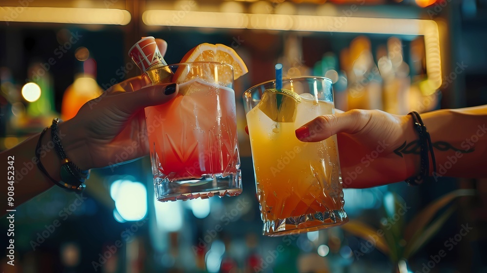A friends hands toasting fancy cocktails - Young people having fun ...