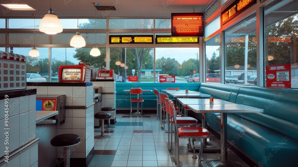 A 60's gas station diner with vinyl booths, a jukebox, and a menu board ...
