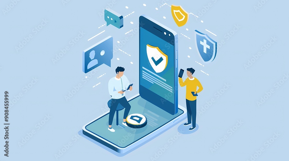 An isometric illustration depicts people talking on the phone, with ...