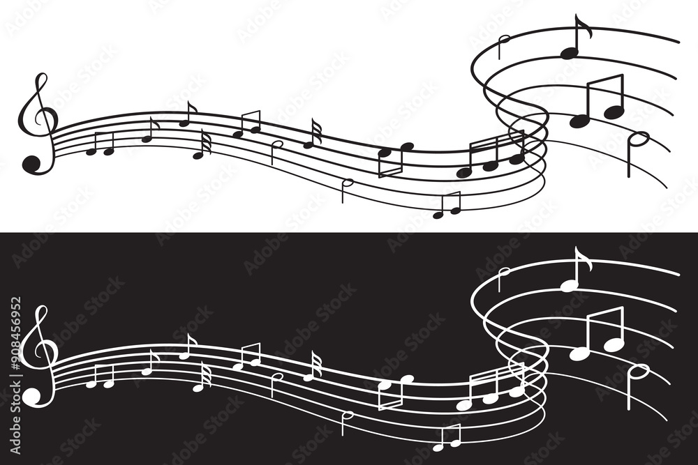 Musical note wave. Music notes melody or tune line or flat vector ...