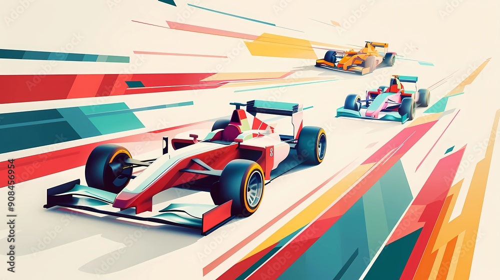 Poster of flat 3D formula one race cars moving horizontally across the ...