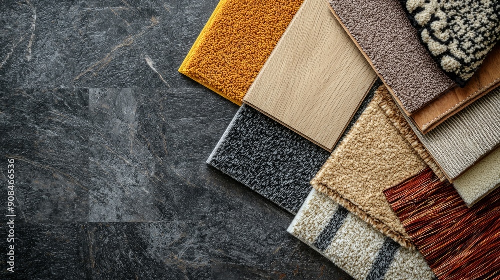 samples of interior material, wood, on wooden table with blank space ...