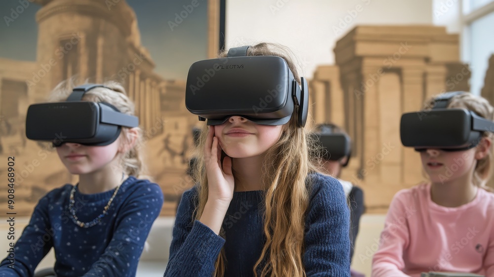 Students using VR headsets to explore a virtual ancient city, guided by a teacher who explains ...