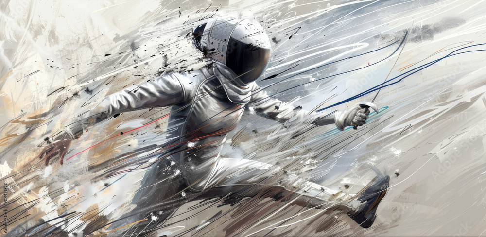 Dynamic action painting of a woman fencer in mid-lunge, mask on, with a ...