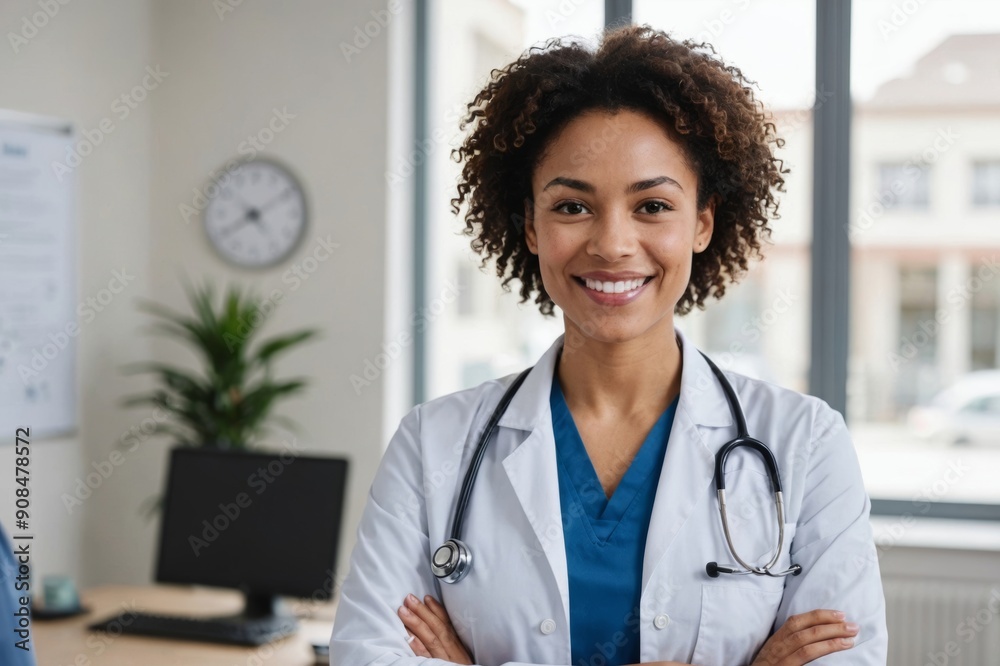 Smiling young mixed race female professional doctor wear white medical ...