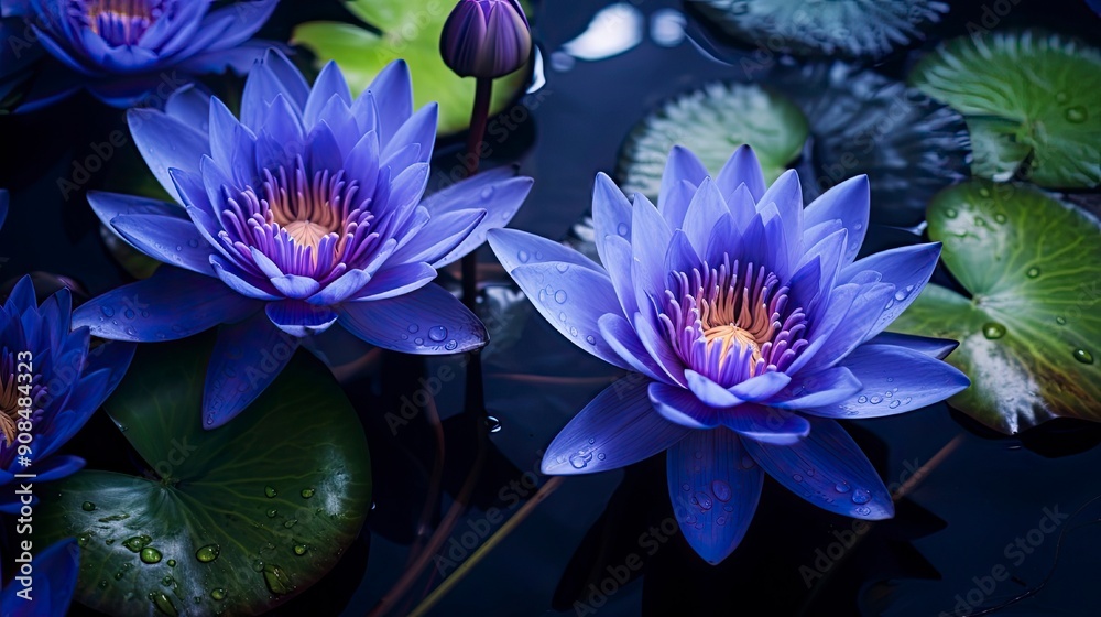 Copy space with a background of blue lotuses (Nymphaea caerulea) in a ...