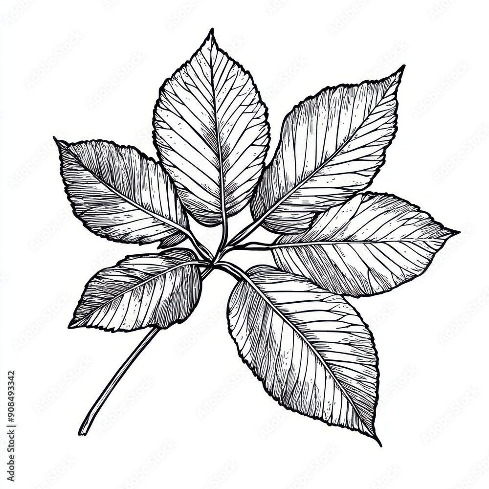 Black and white Vintage engraved art of a horse chestnut leaf isolated ...