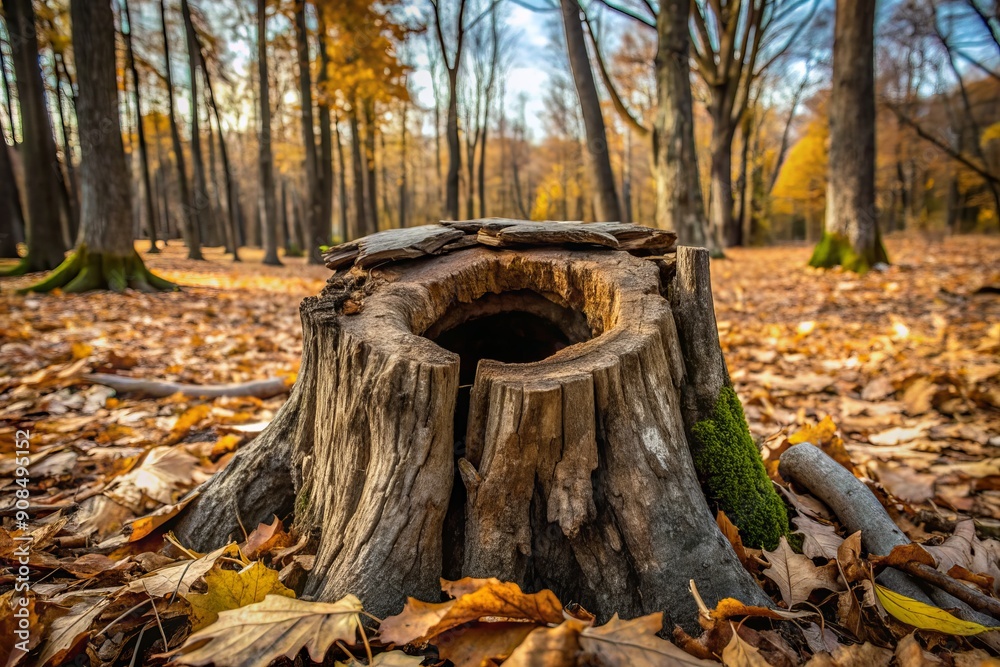 Isolated weathered tree stump with a hollowed-out center, surrounded by ...