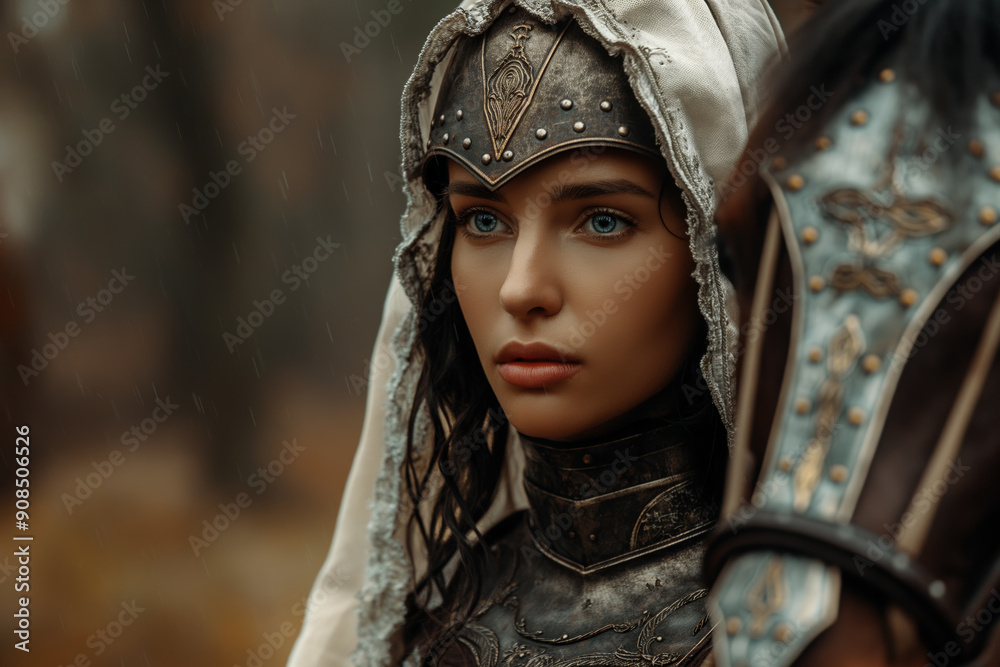 Medieval Warrior Woman in Armor and White Hood Posing with Horse in ...