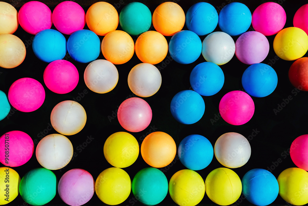 Top view of many colorful plastic balls on water. View of colored ...