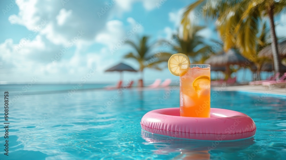 Glass of exotic mocktail on border of a swimming pool with pink ...