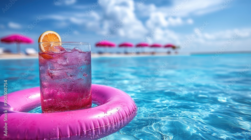 Glass of exotic mocktail on border of a swimming pool with pink ...