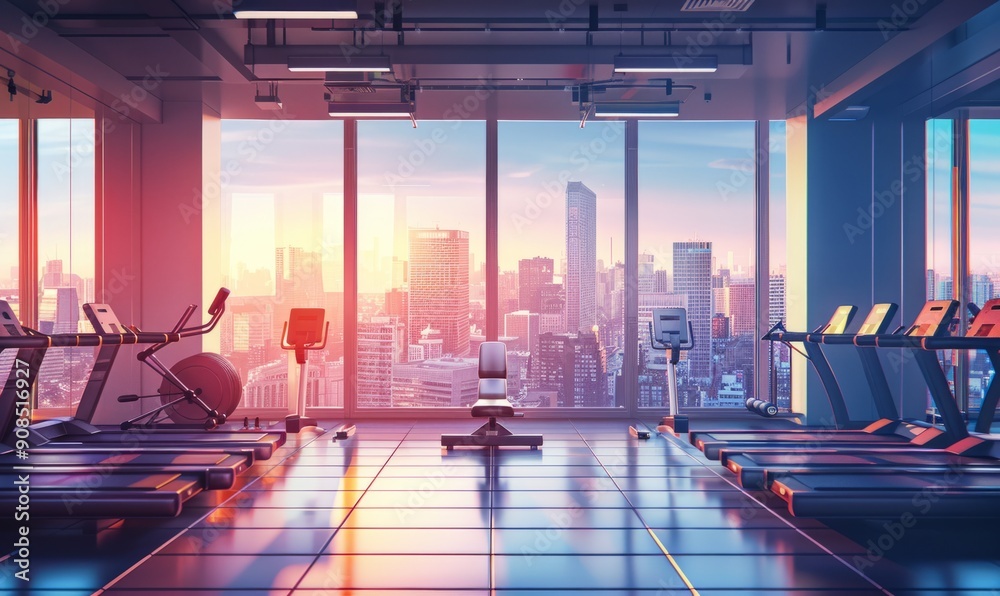 Fitness center gym interior design with daylight big window center city ...