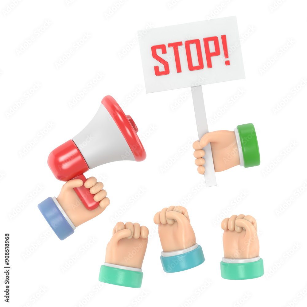 Cartoon hands of demonstrants and hand with Megaphone and stop sign ...