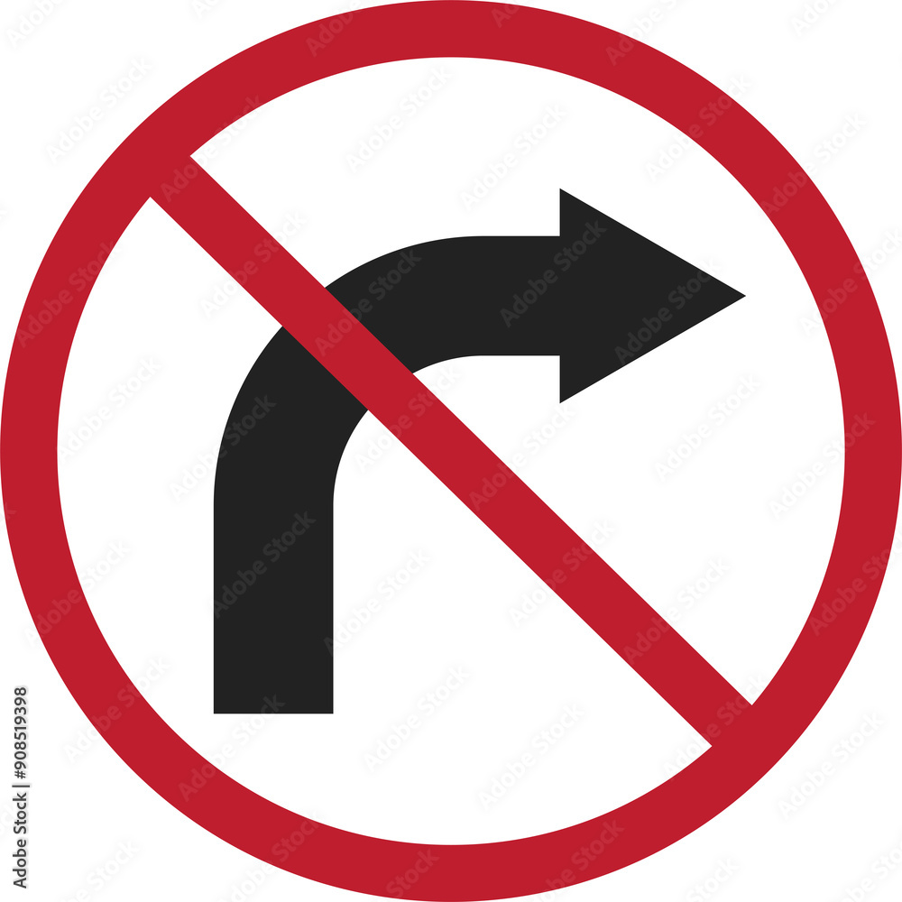 Isolated traffic sign do not turn right, direction vehicle guide, road ...