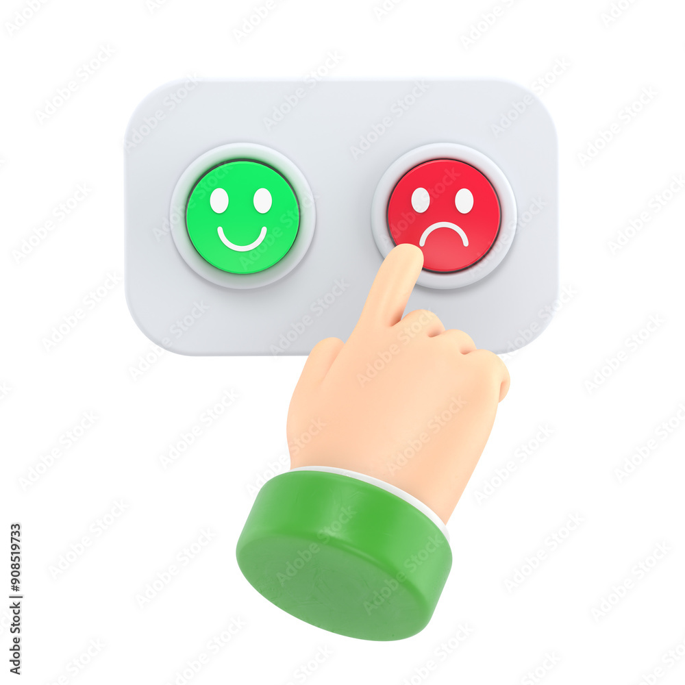 Disappointed customer cartoon hand presses the red button. Business or ...