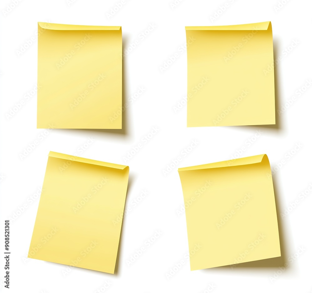 Four Yellow Sticky Notes Isolated on White Background, Vector ...