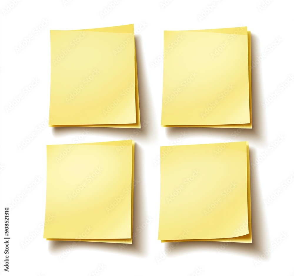 Four Yellow Sticky Notes Isolated on White Background, Vector ...