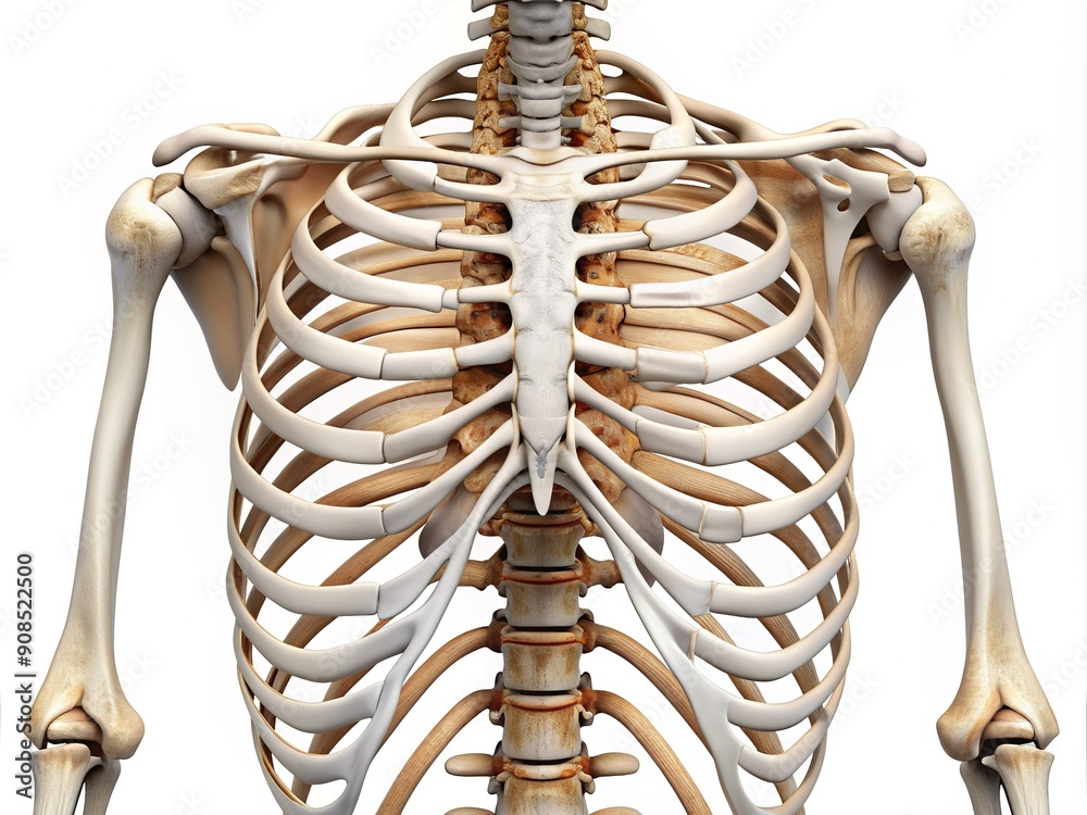 Detailed anatomical illustration of human rib cage bones, 12 pairs of ...