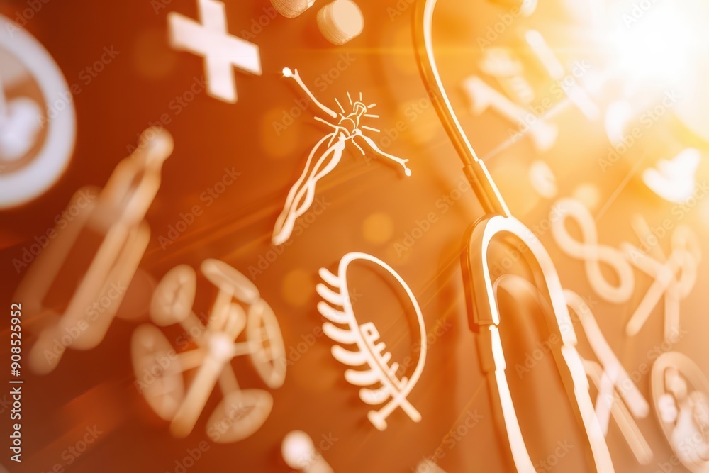 Abstract array of medical symbols, with items like the Rod of Asclepius ...