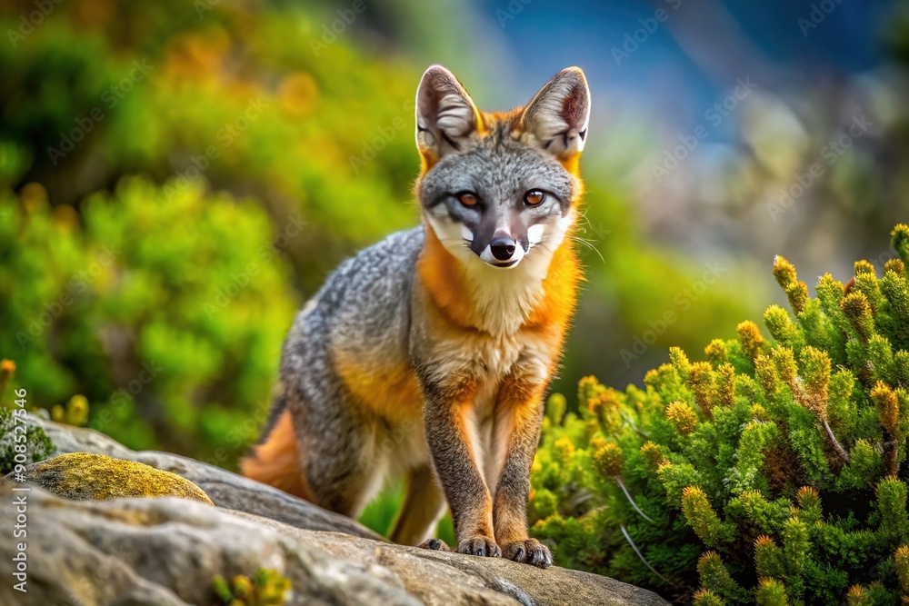 A solitary island fox with rusty-red fur and piercing yellow eyes ...