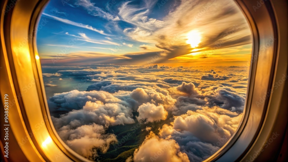 Golden Time flight view of sky and clouds from airplane window, sky ...