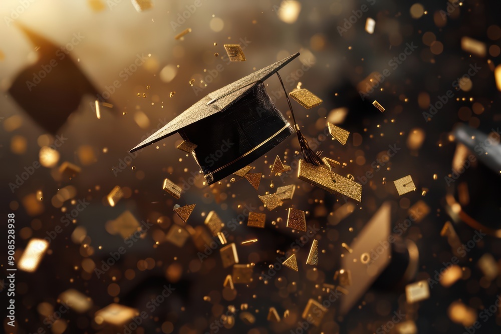 Luxury presentation of academic success, with empty graduation caps and ...