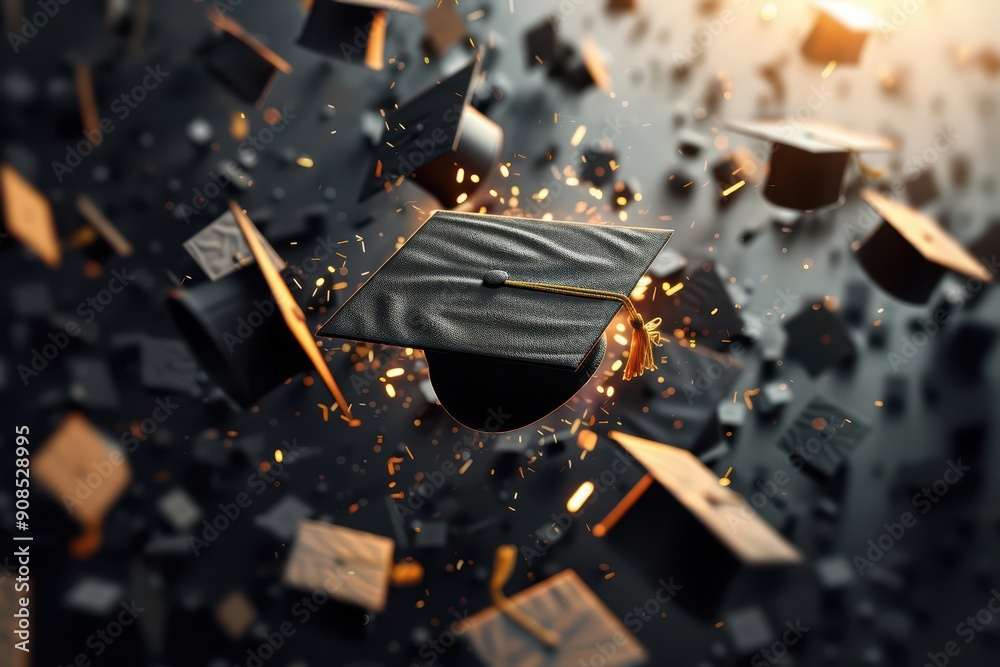 Luxury presentation of academic success, with empty graduation caps and ...